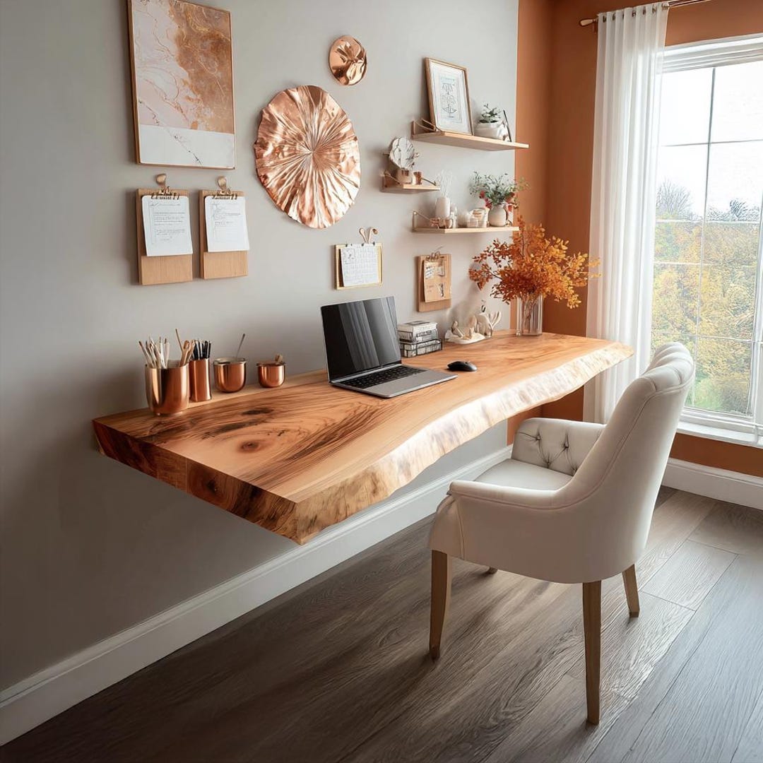 Live Edge Floating Desk Wall Mounted Wood Shelf Table Handmade Hanging ...