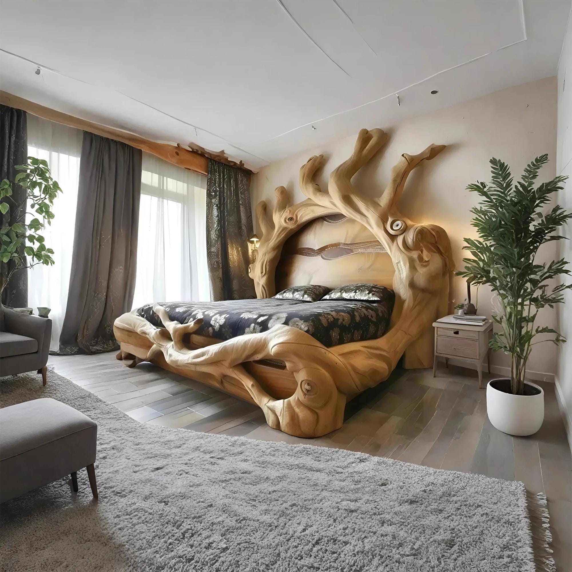 Rustic Wooden Bed for Bedroomdesign Headboard Tree Branch Inspired ...