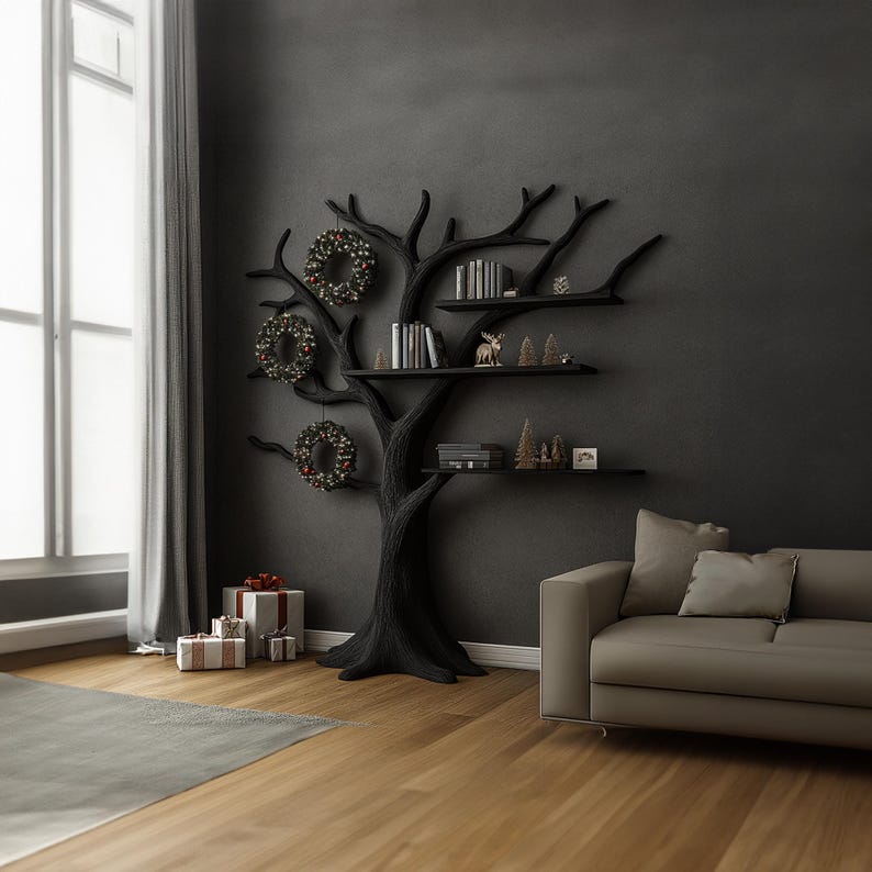 Christmas Tree Bookshelf, Black Wooden Branch Bookcase for Holiday ...