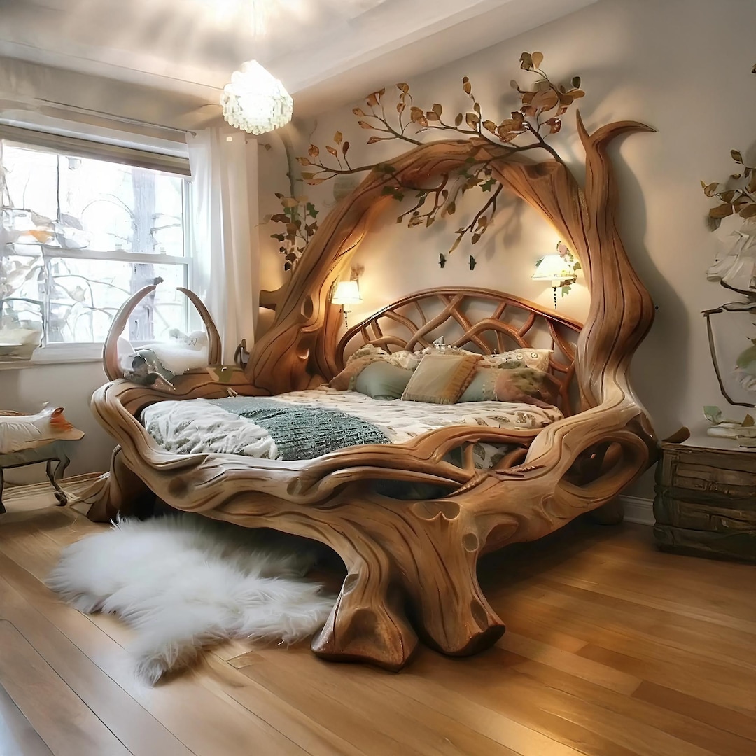 Rustic Bed Nature Solid Wood Wooden Bed Frame Handmade Wooden Bed Eco ...