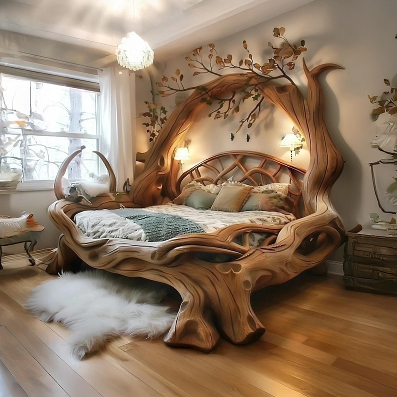 Rustic Bed Nature Solid Wood Wooden Bed Frame Handmade Wooden Bed Eco ...