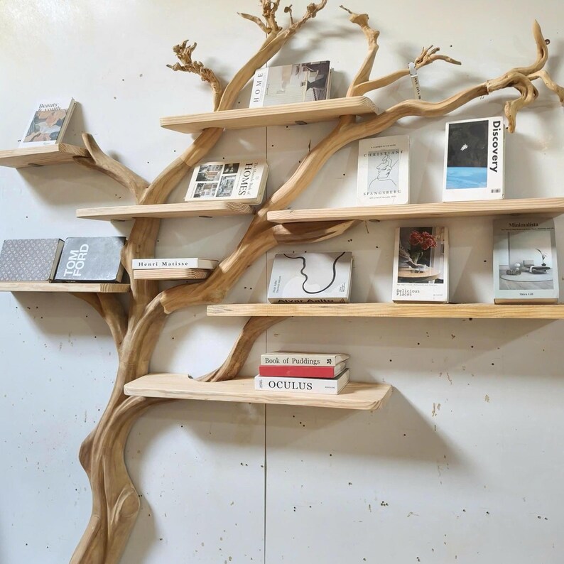 Solid Wood Tree Shaped Bookshelf Rustic Tree Wall Shelf Handmade Branch ...