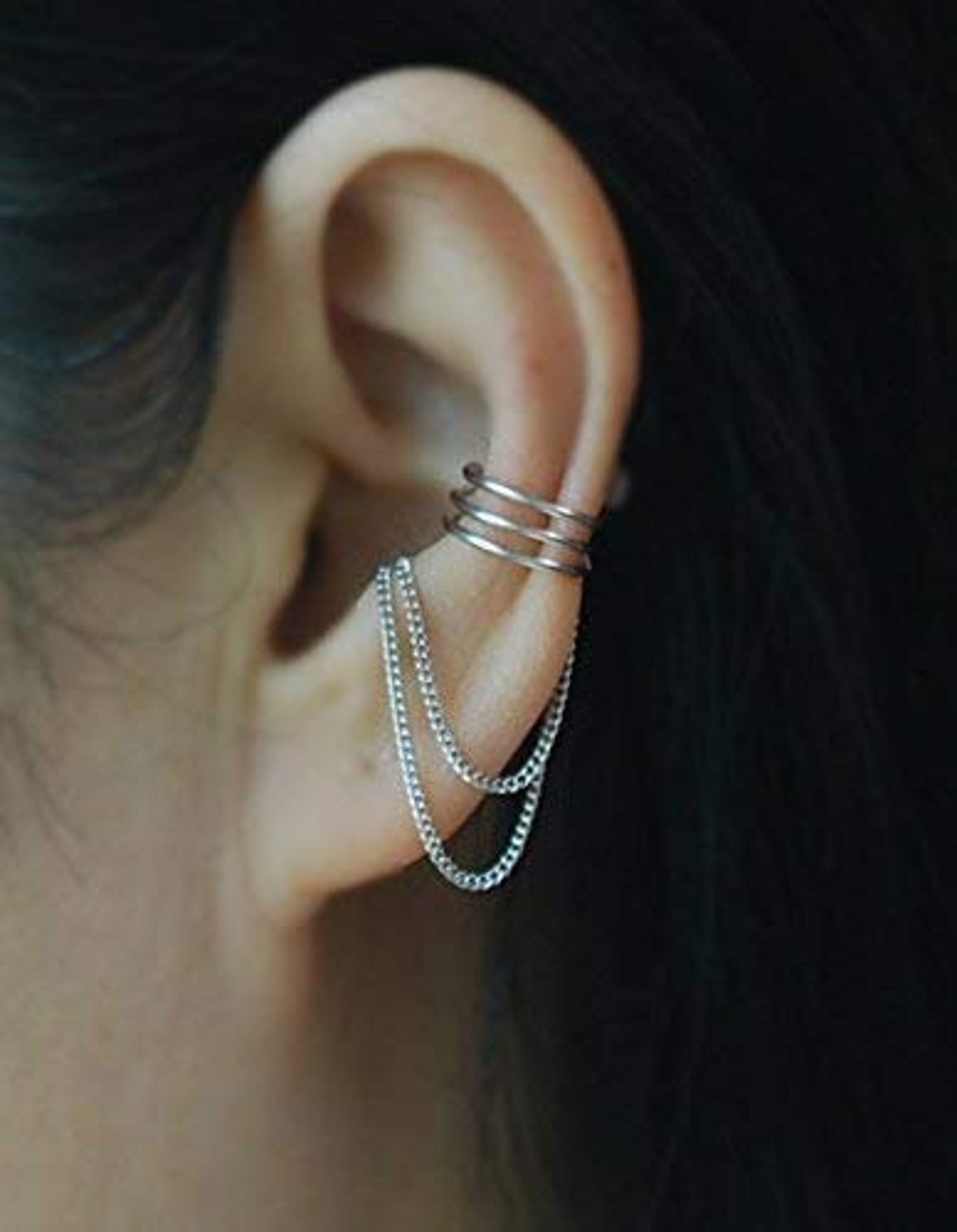 3band With Chain Ear Cuffno Piercing Cartilage Ear Cuffno - Etsy