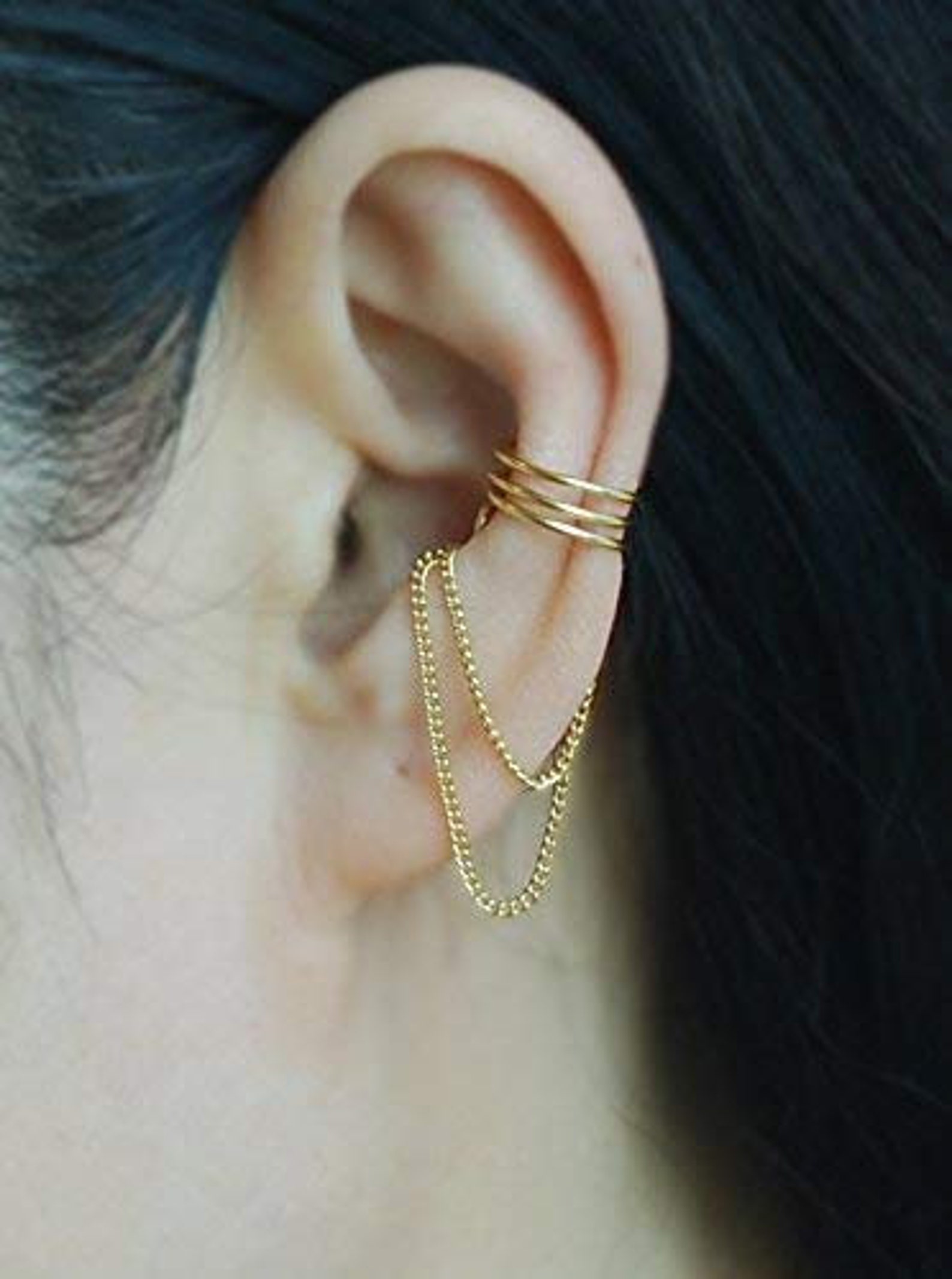3Band with Chain Ear CuffNo Piercing Cartilage Ear CuffNo | Etsy