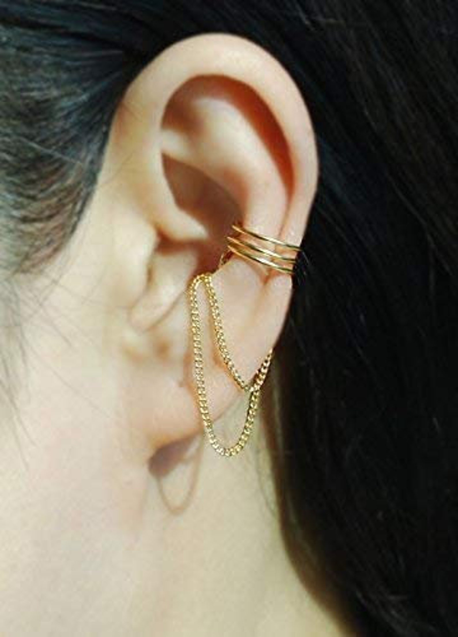 3band With Chain Ear Cuffno Piercing Cartilage Ear Cuffno - Etsy
