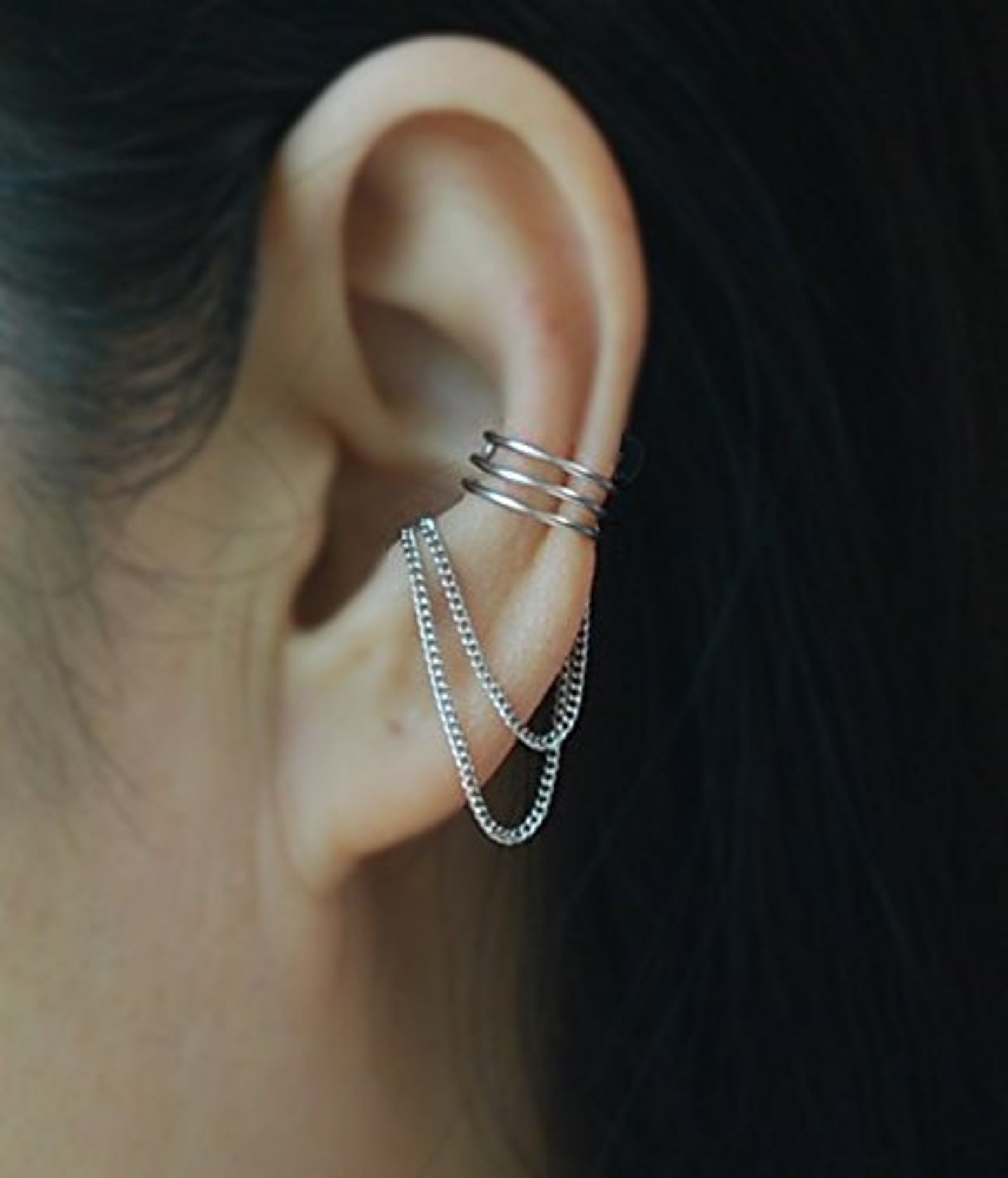 3band With Chain Ear Cuffno Piercing Cartilage Ear Cuffno - Etsy