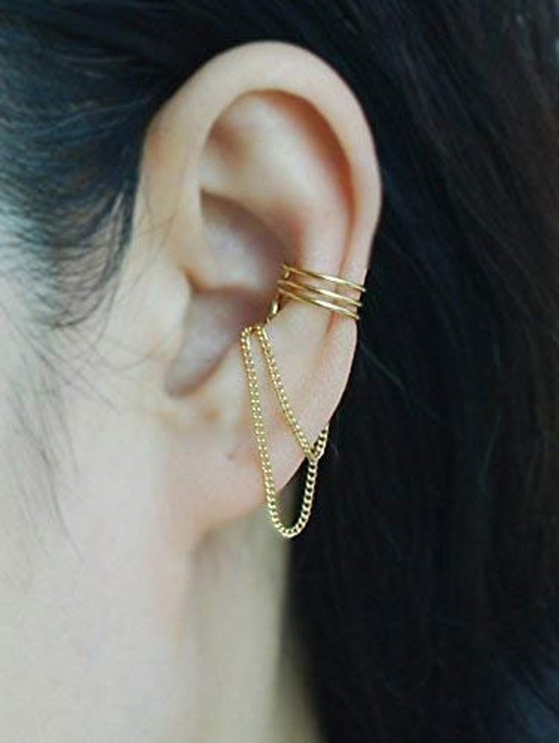 3band With Chain Ear Cuffno Piercing Cartilage Ear Cuffno - Etsy