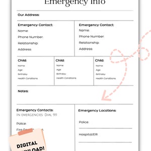Emergency Contacts Sheet - Etsy