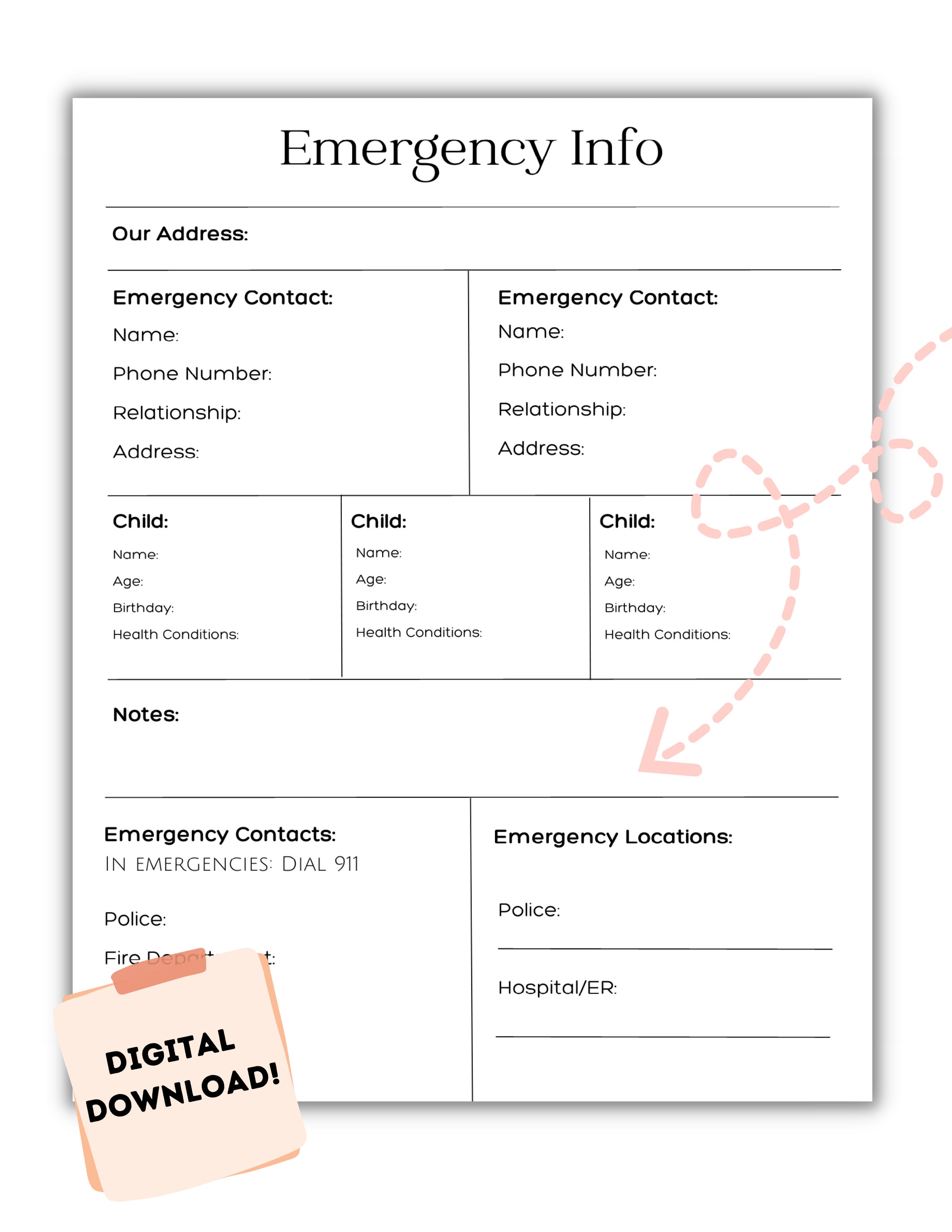 Emergency Contacts Sheet - Etsy