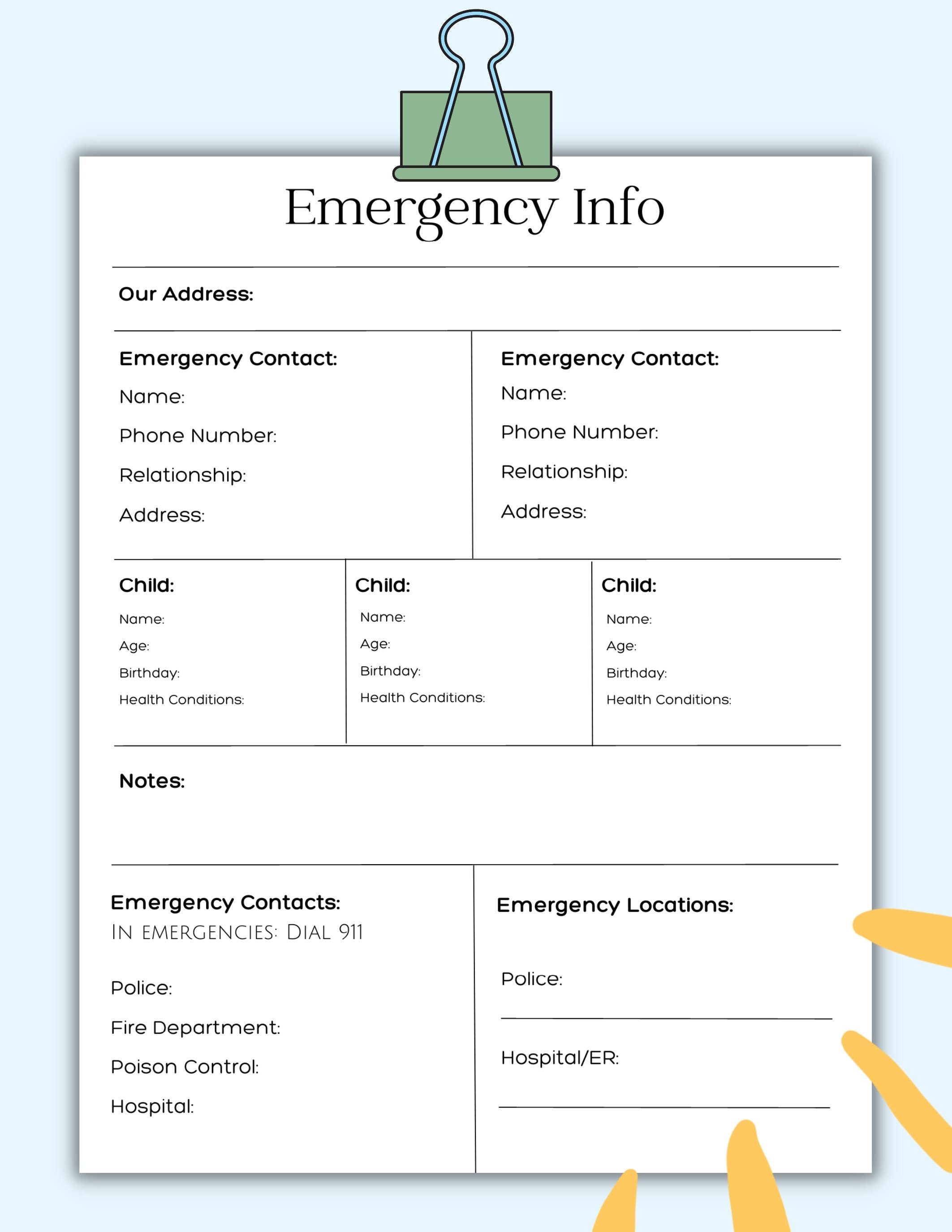 Emergency Contacts Sheet - Etsy