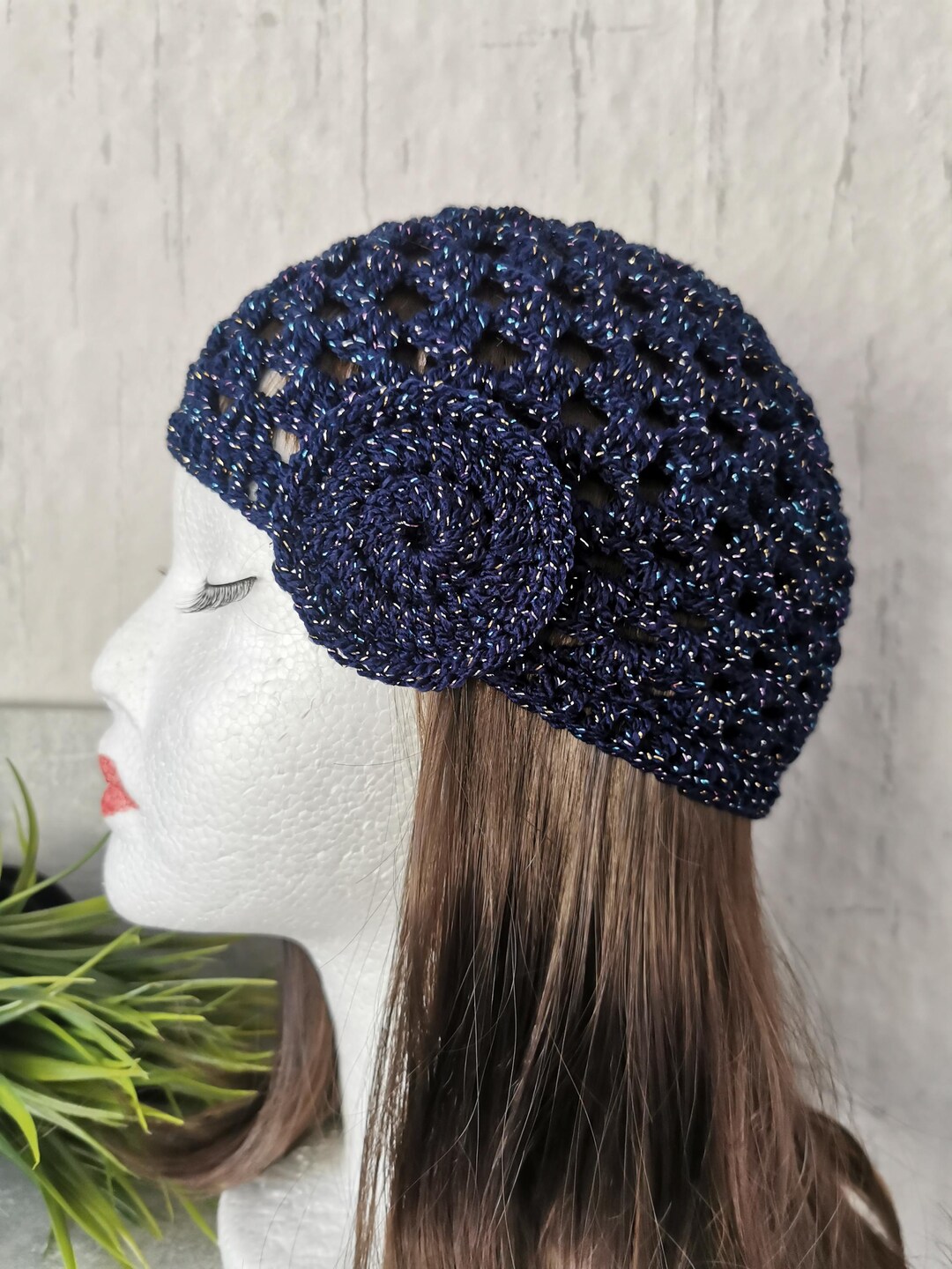 Crocheted Beanie in Dark Blue, Abba Style Beanie With Glitter, Handmade ...