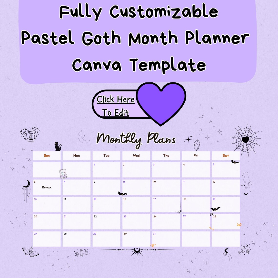 Fully Customizable Cute Pastel Goth Monthly Planner Canva Template - Etsy