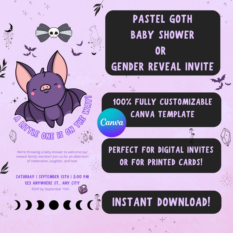 Fully Customizable Pastel Goth Baby Invite or Gender Reveal Canva ...