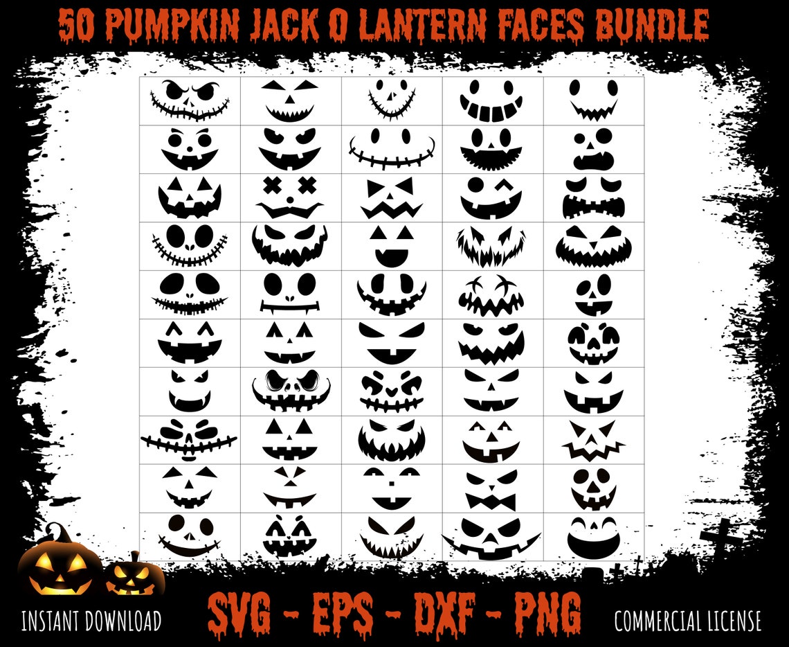 Pumpkin Faces SVG Bundle Cut Files PNG EPS Dxf 50 Jack O | Etsy