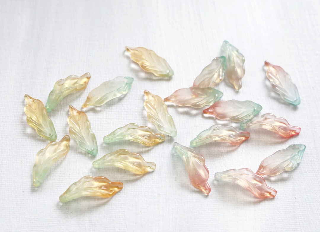 10 PCS 34mm Long Leaf Beads. Sunset Light Gold Glass Leaf Beads. Large ...