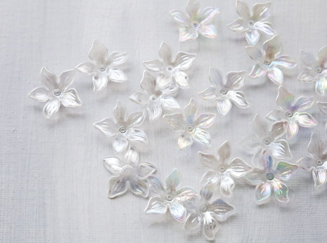 20 PCS Acrylic Five Pointed Petals Flower Beads. Transparent AB Flower ...