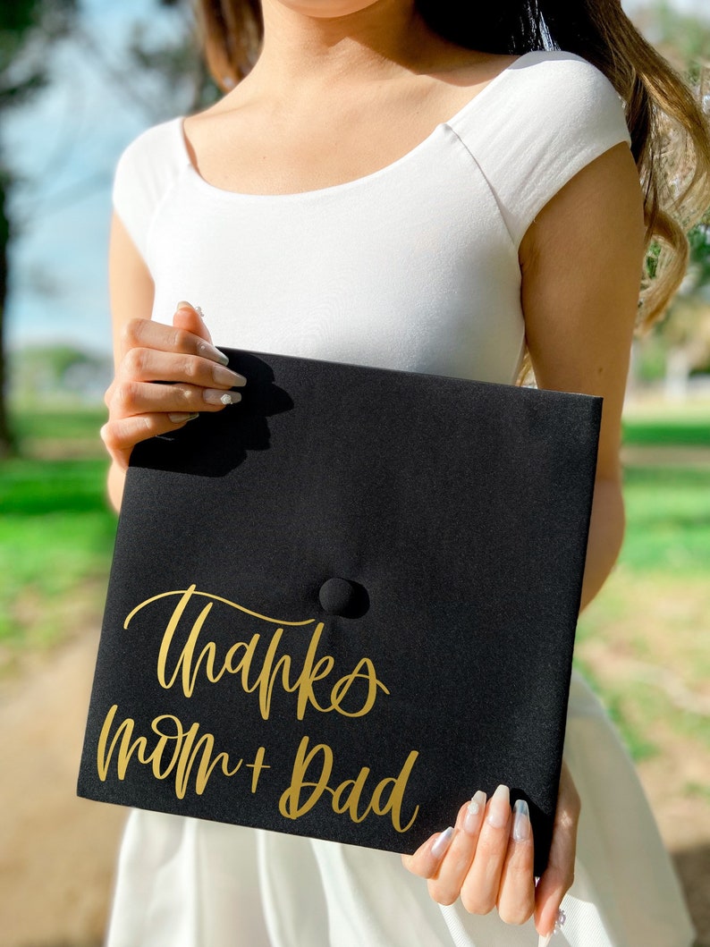 Thanks Mom + Dad Decal, Graduation Cap Decal DIY Decor, Personalized ...