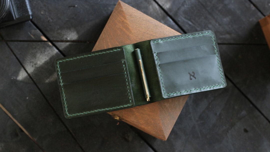 Green Leather Wallet, Personalized Leather Wallet, Money Clip Wallet ...