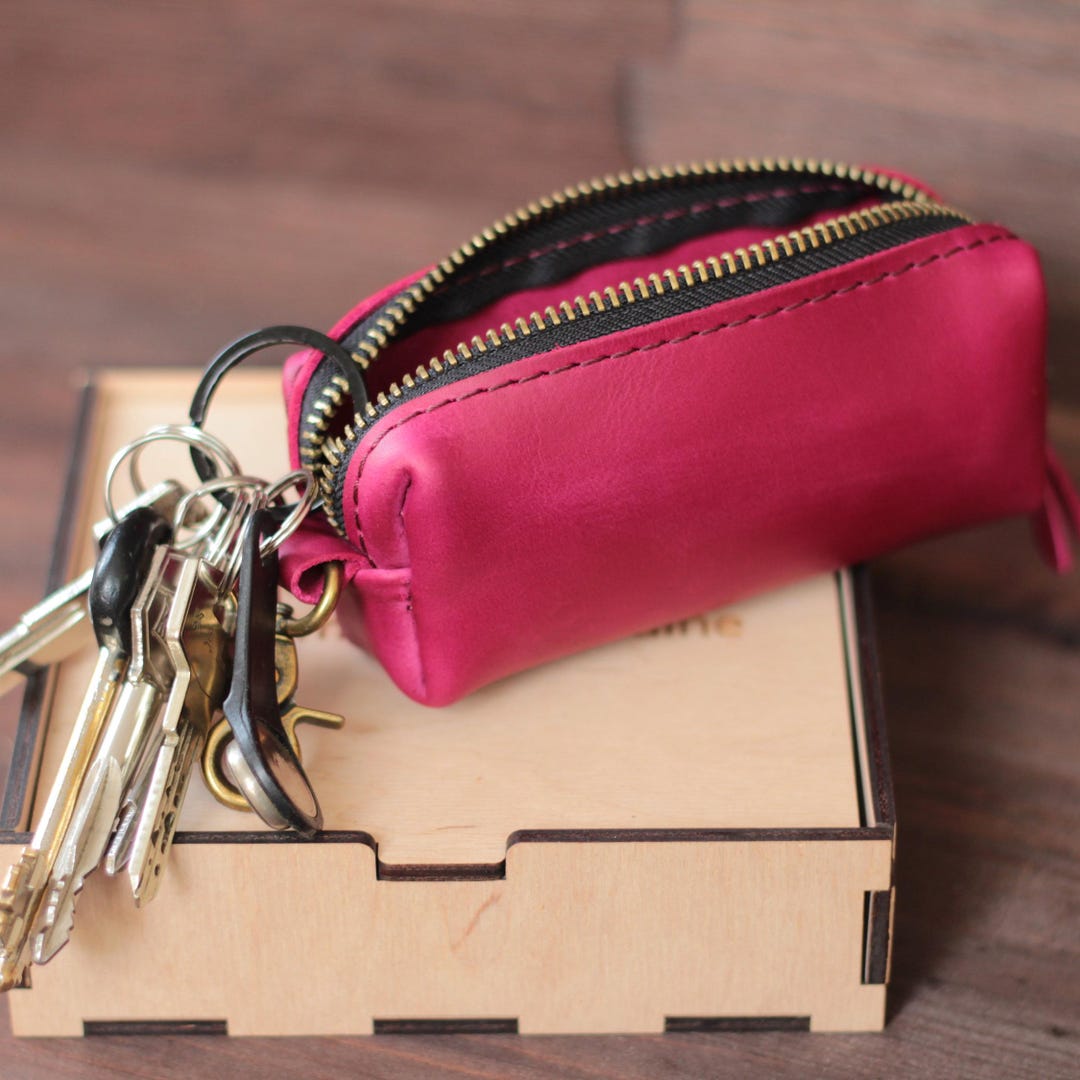 Pink Leather Keychain Wallet: Handmade Zipper Pouch With Carabiner - Etsy