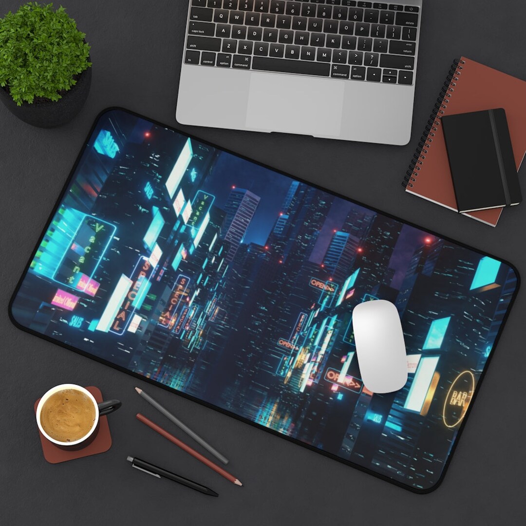 Neon City Desk Mat Modern Buildings in Capital City Design - Etsy