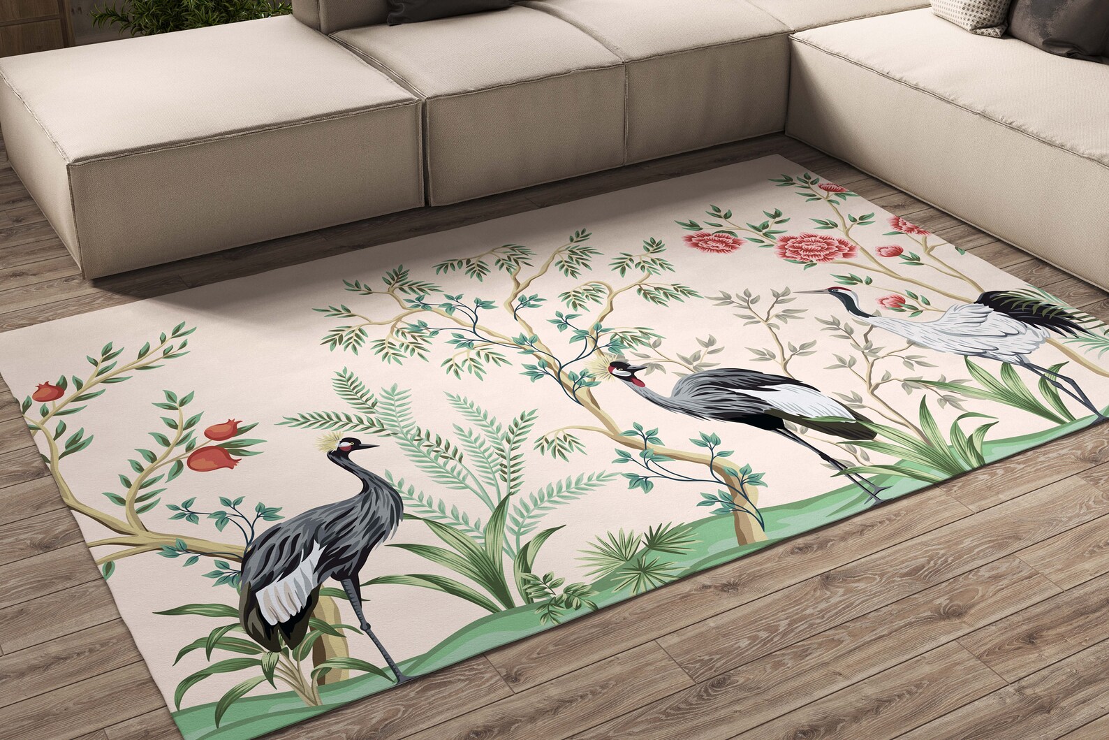 Crane Birds Area Rug Vintage Style Pomegranate Tree Plant With | Etsy