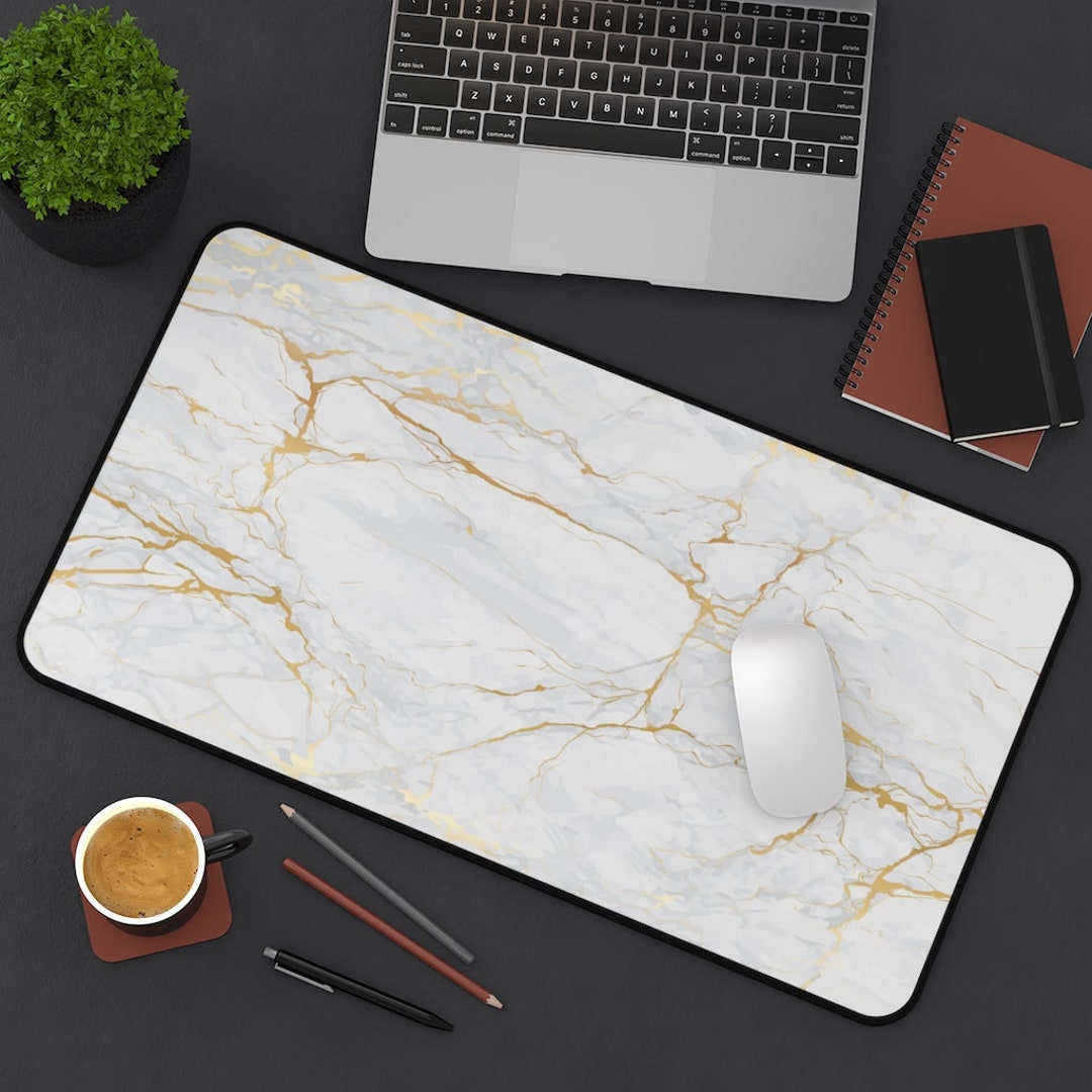 Marble With Golden Texture Desk Mat White Marble Style Print - Etsy