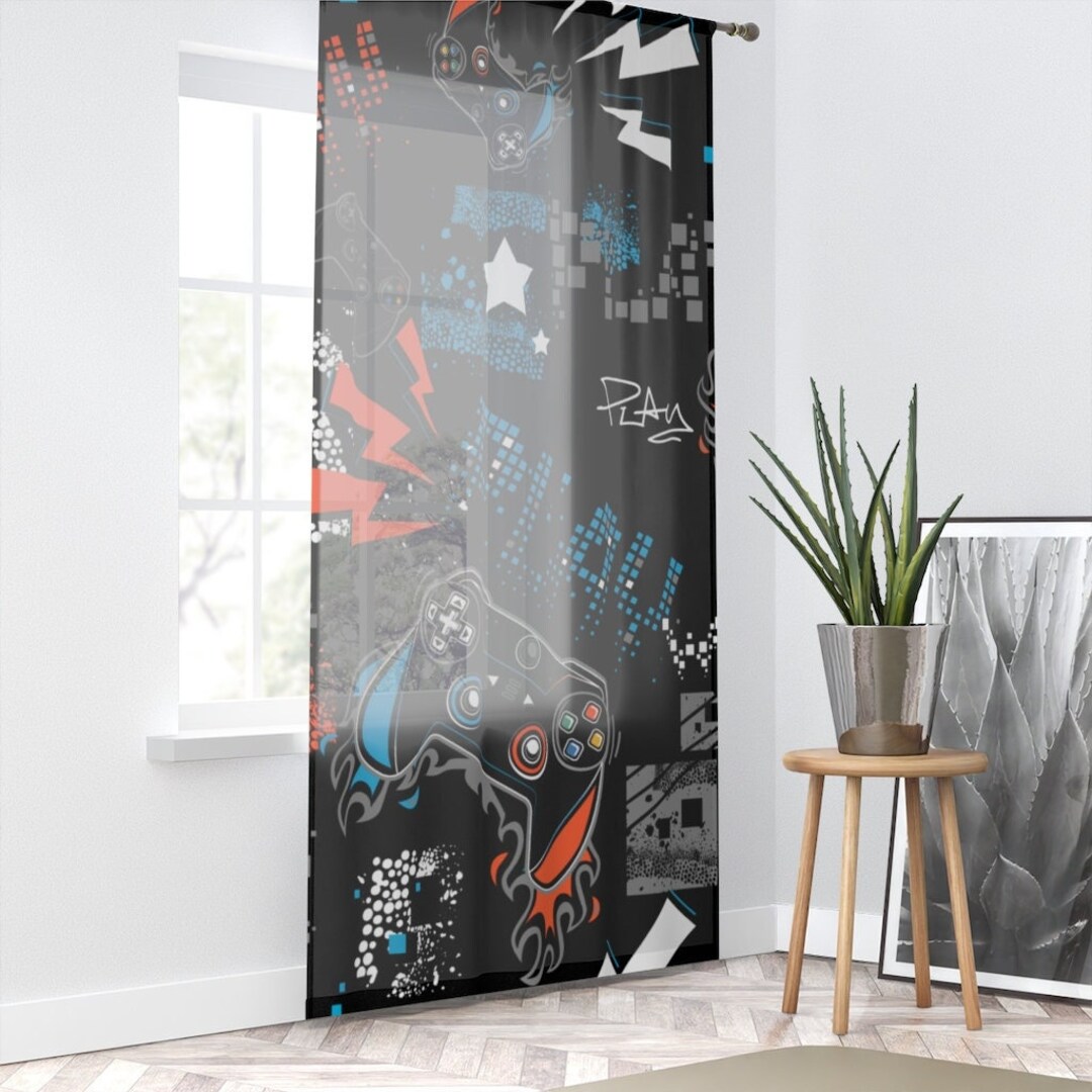 Gamer Elements Room Decor Window Curtain, Graffiti Style Joystick Sign ...