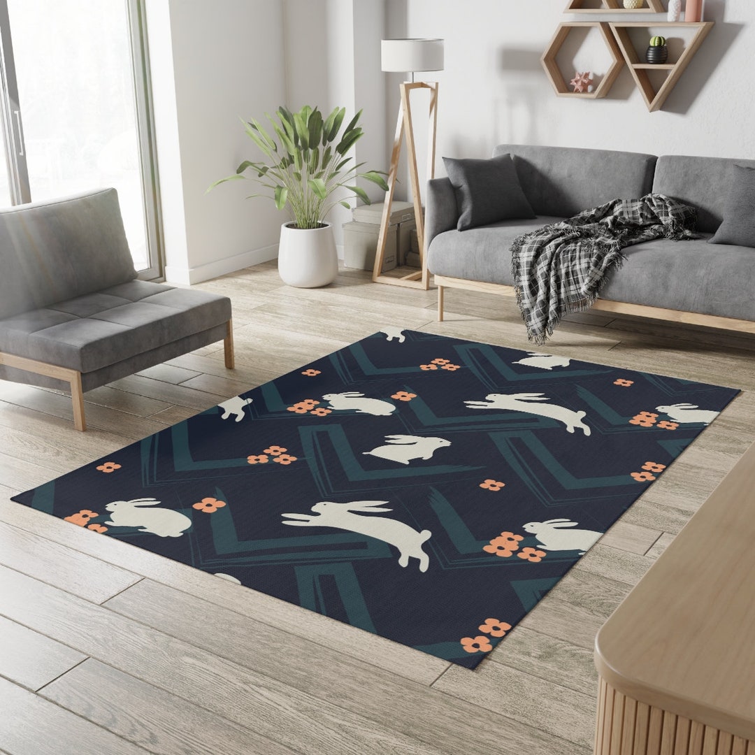 Pet Play Mat With Bunnies and Flowers Design Print Rug, Washable Home ...
