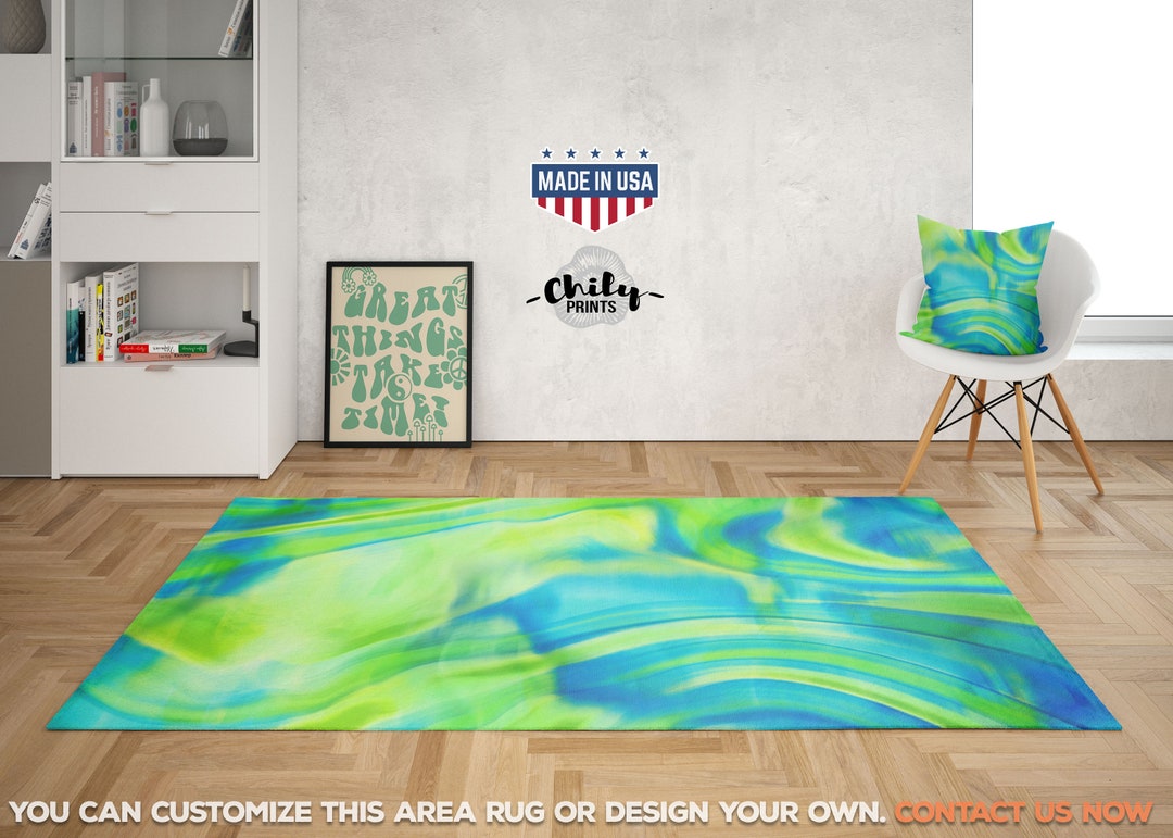 Abstract Green Rug, Hand Drawing Style Print Green Liquid Fluid Wavy ...