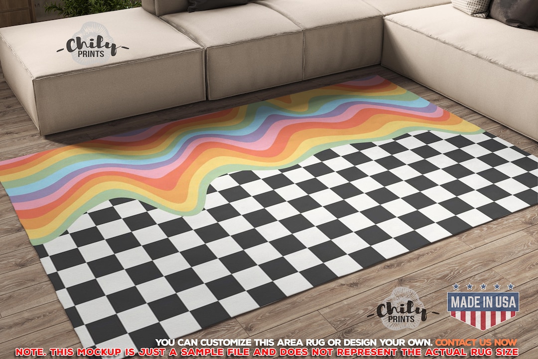 Rug Checkered Retro Rainbow Aesthetic Design Print Room Decor Rug ...