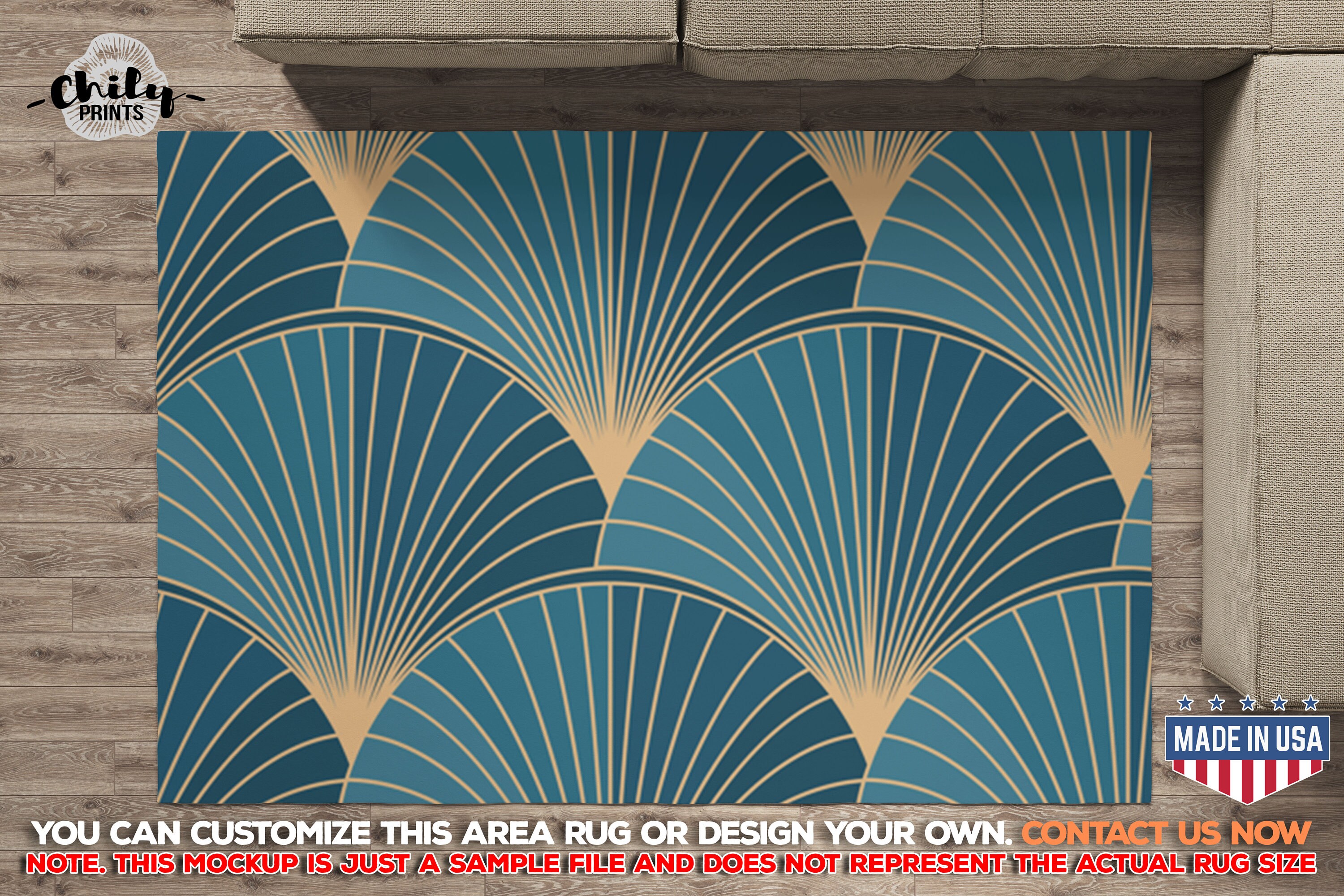 Art Deco Style Area Rug Golden Elements on Blue Background - Etsy Israel