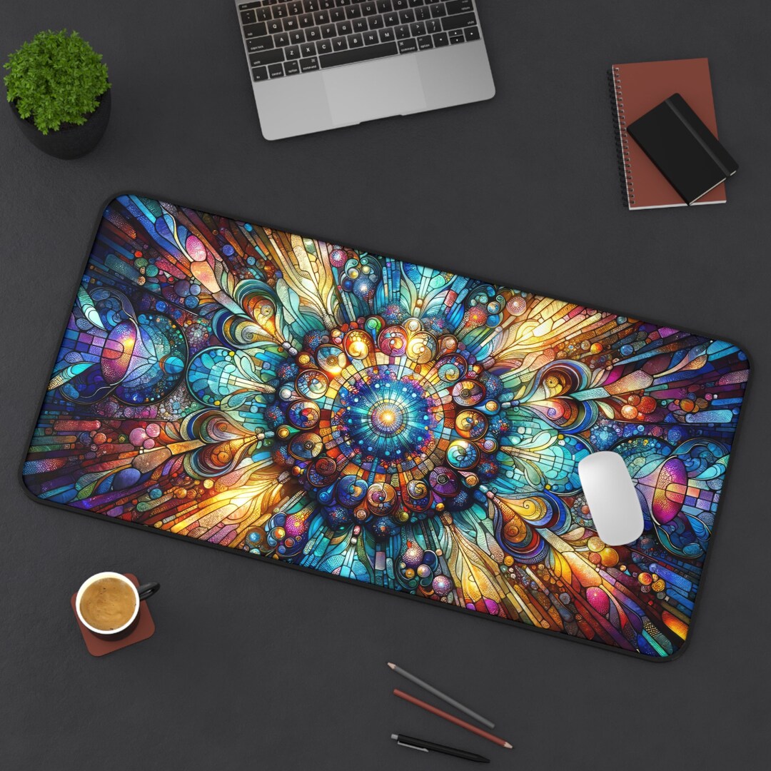 Stained Glass Art Style Large Desk Mat Cute Custom Unique Workspace ...