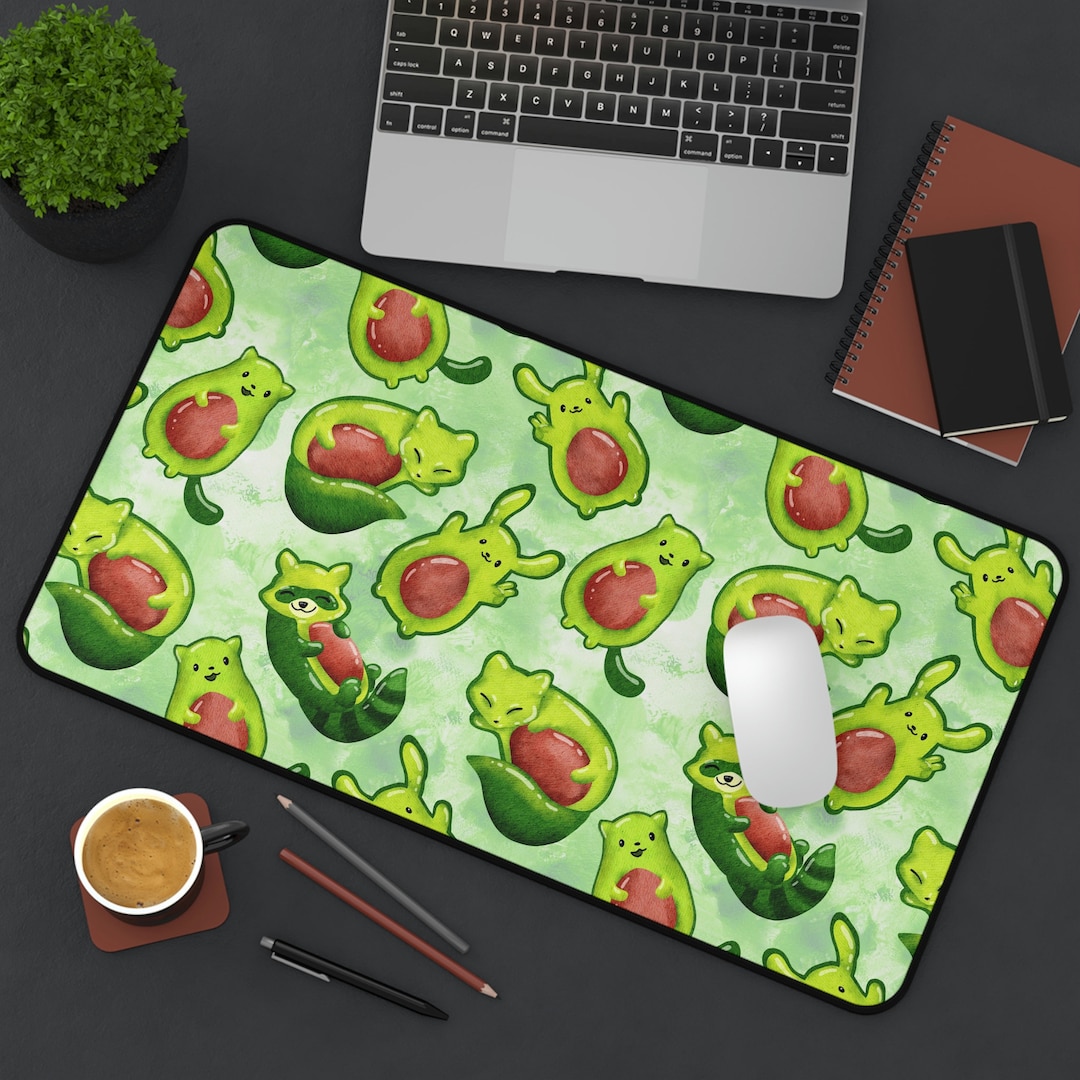 Cute Green Kawaii Desk Mat, Watercolor Kawaii Avocado Animals Design ...