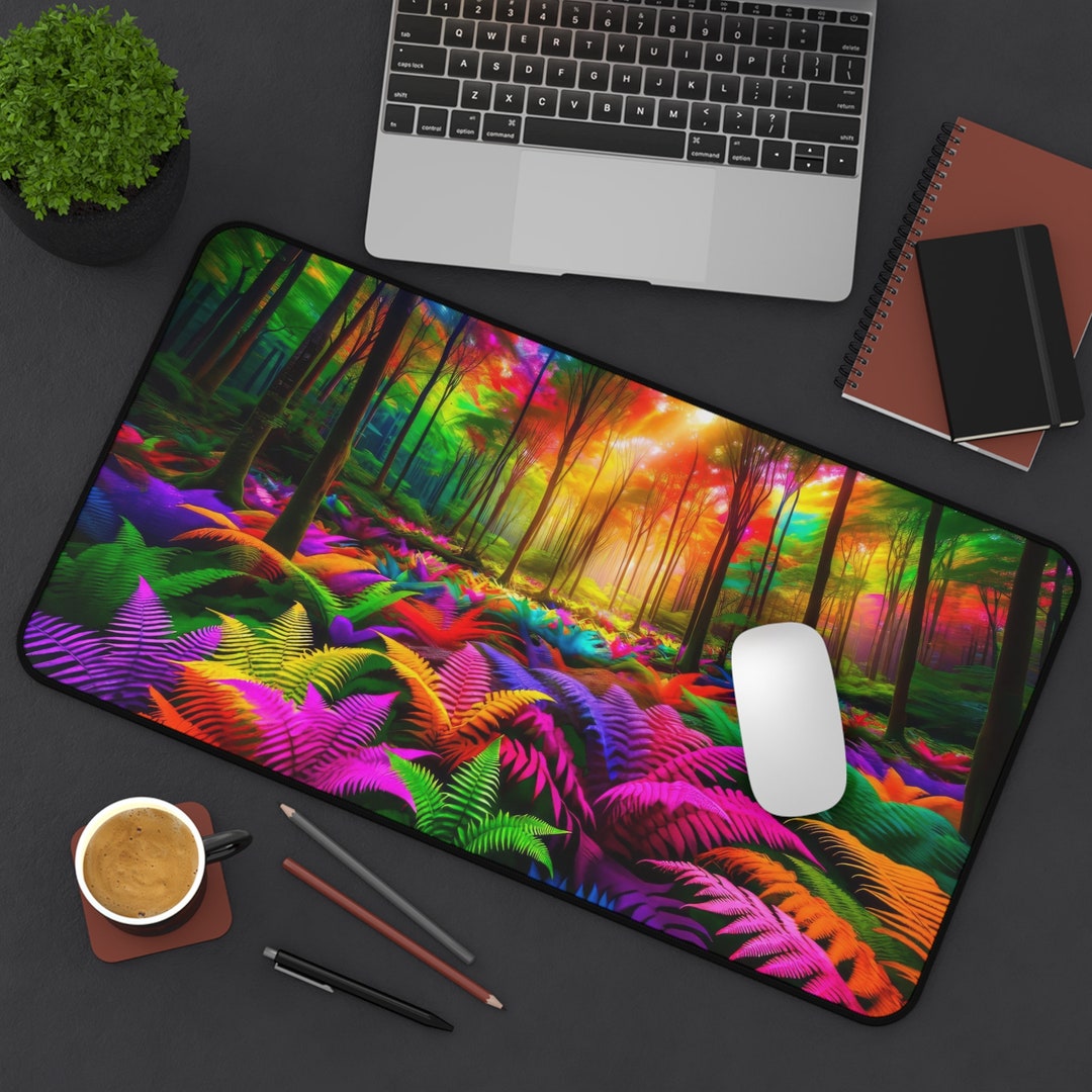 Bright and Colorful Forest Ferns Desk Mat, Nature-inspired Green Trees ...