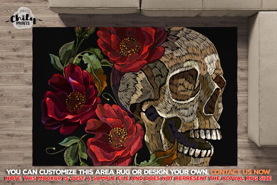 Gothic Art Area Rug Skull and Red Roses Flowers Design Print | Etsy