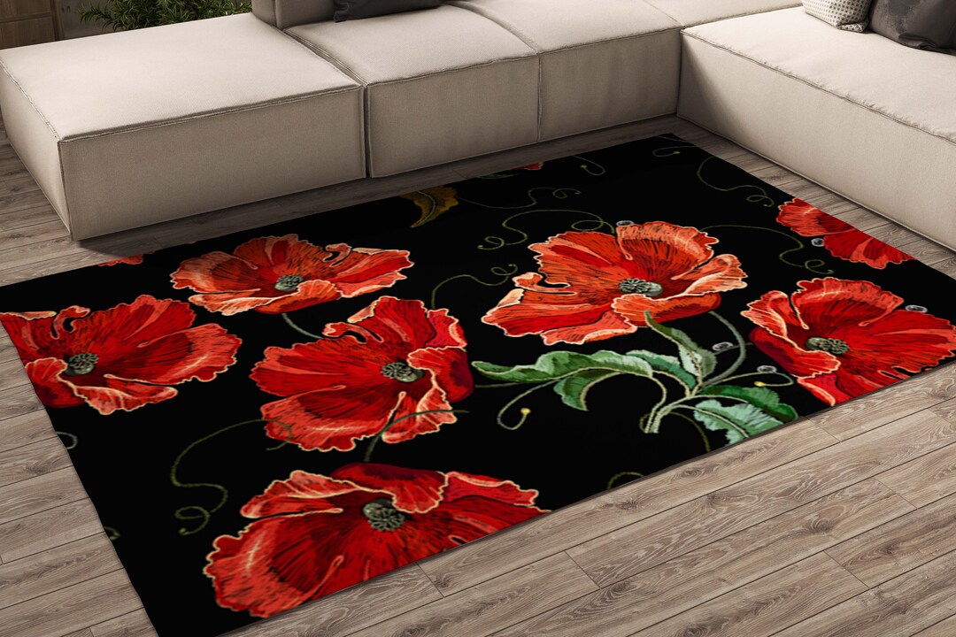 Red Poppies Flowers Area Rug, Renaissance Spring Style Carpet, Home ...