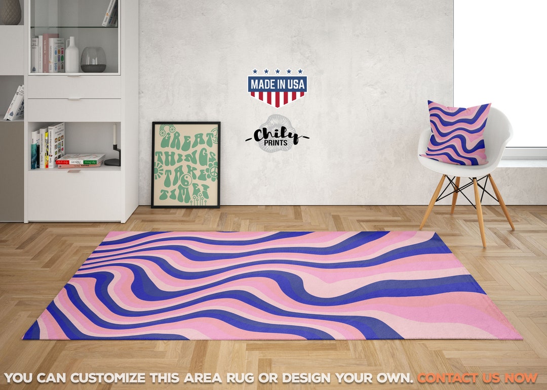 Retro Psychedelic 1970s Style Rug, Wavy Retro Blue and Pink Retro Rugs ...