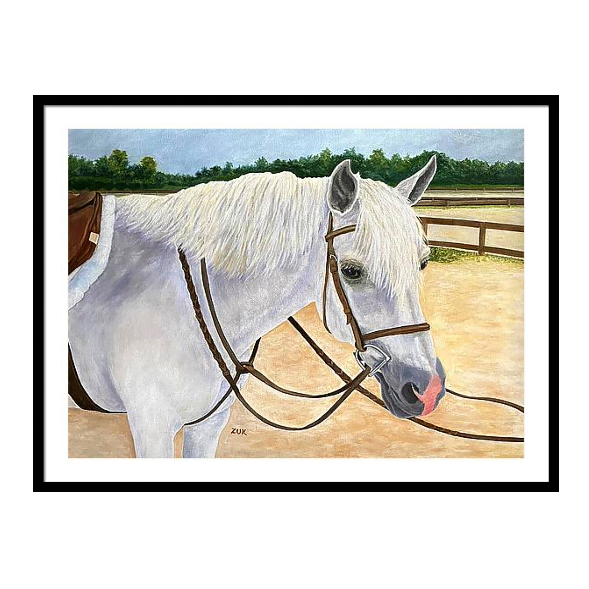 Weißes Pferd Kunstdruck, Pferd mit Sattel Kunstdruck, Pferd mit Zügel, Geschenk für ...