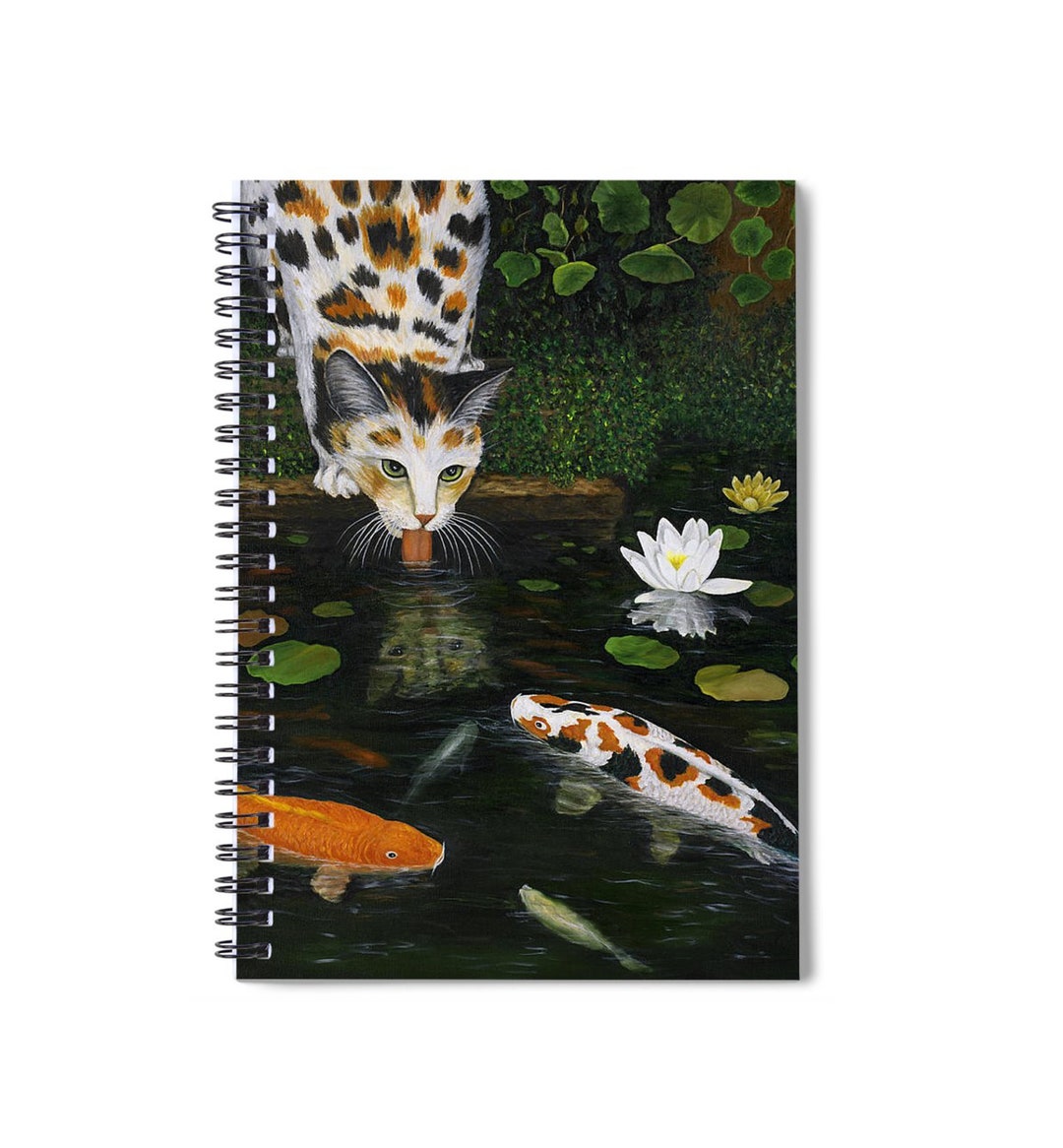 Calico Cat Looking at Koi Fish Spiral Notebook. Waterlilly - Etsy
