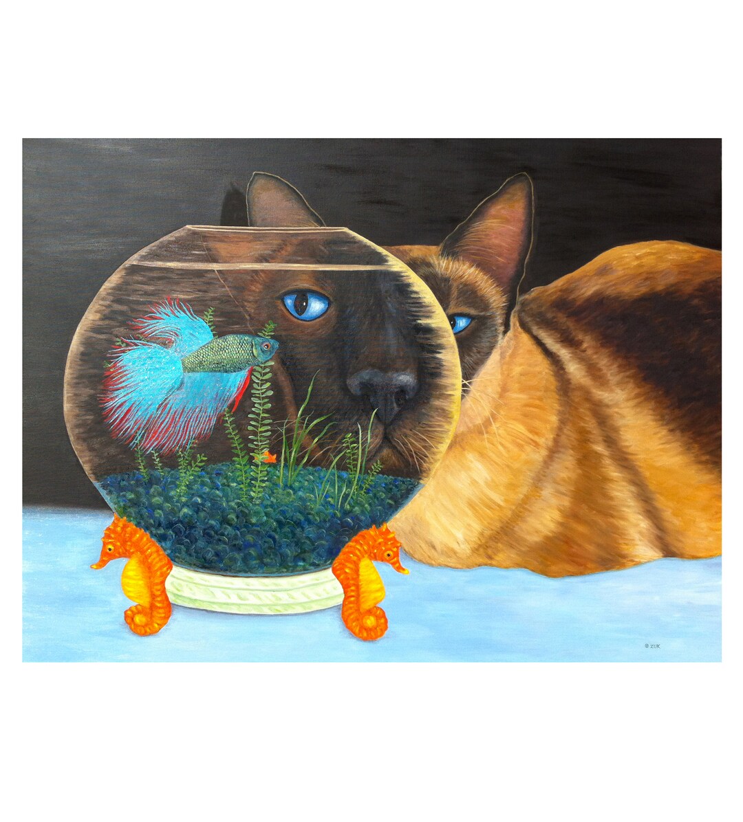 Siamese Cat & Betta Fish Art Print: Whimsical Turquoise Eye - Etsy