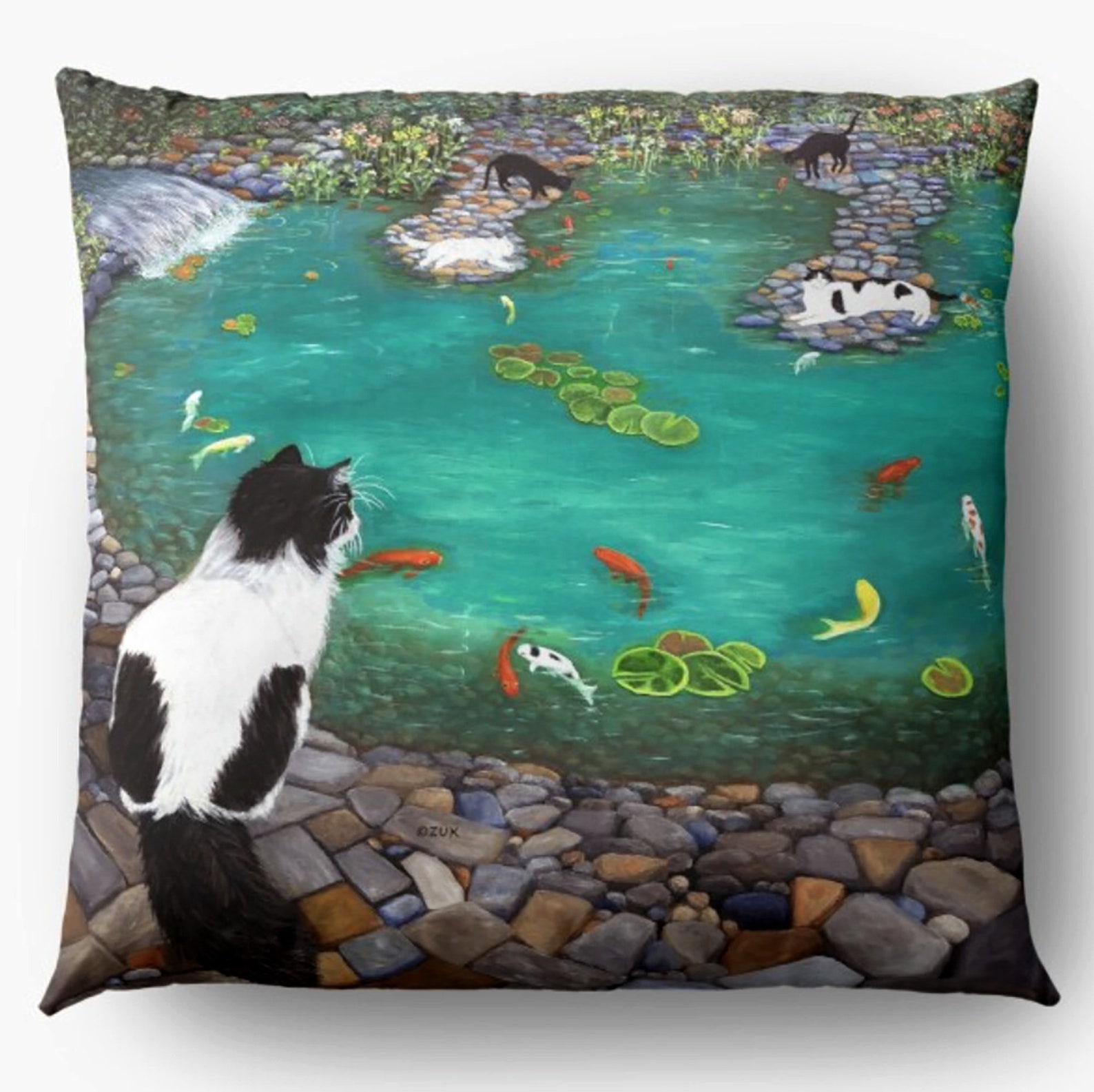Cat and Koi Fish Designer Pillow Cat Cushion Colorful - Etsy