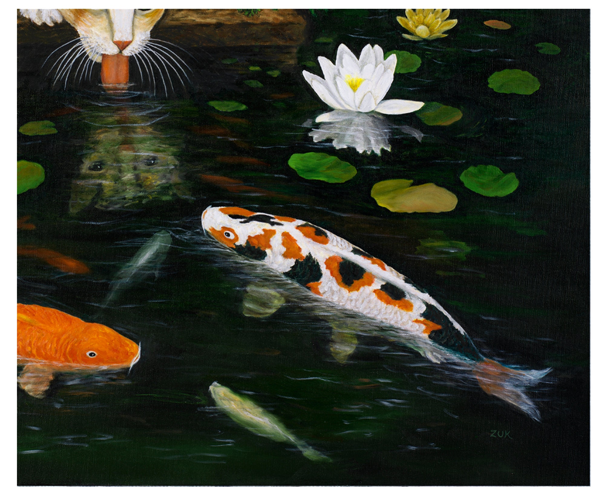 Calico Cat and Koi Fish Art Print: Waterlily Pond Square Art - Etsy