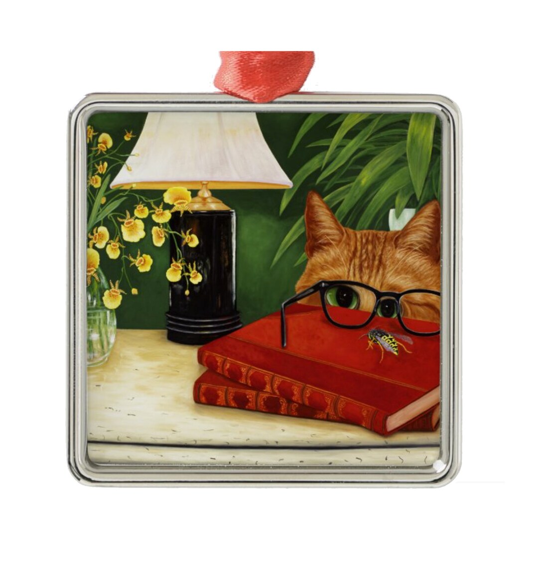 Orange Tabby Cat Ornament: Library Book, Orchids, Whimsical Cat Lover ...