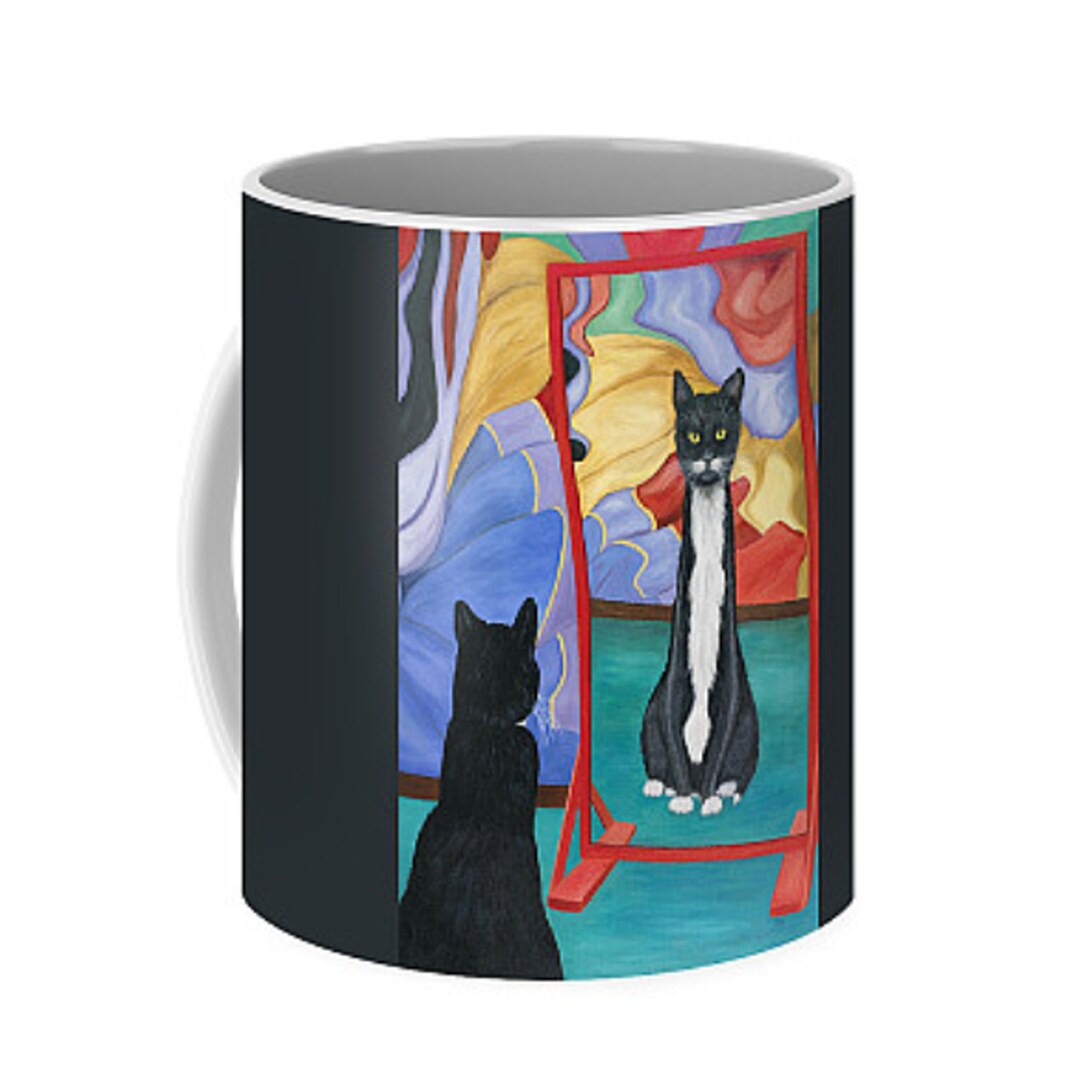 Whimsical Tuxedo Cat Coffee Mug: Fun House Mirror Art, Cat Lover Gift ...