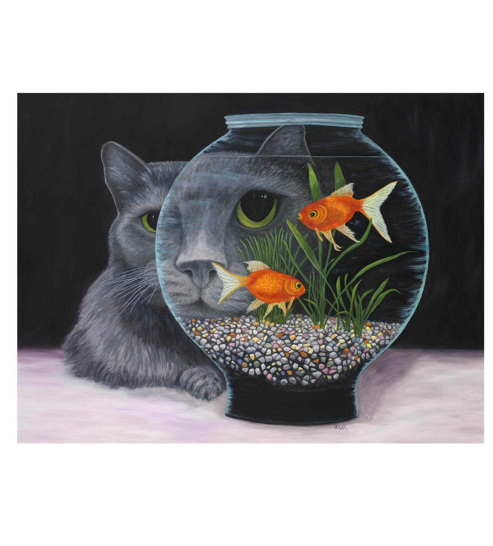 Cat and Fishbowl Art Print. Gray Long Haired Cat Looking Into a ...
