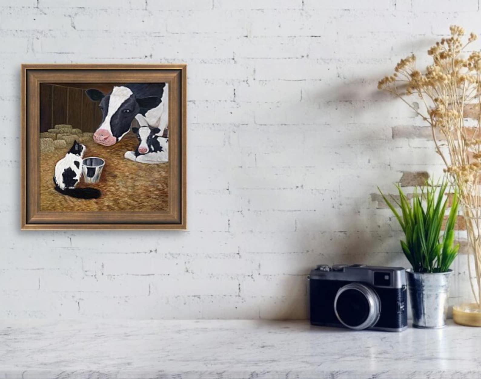 Tuxedo Cat and Cow Art Print: Whimsical Barn Scene - Etsy