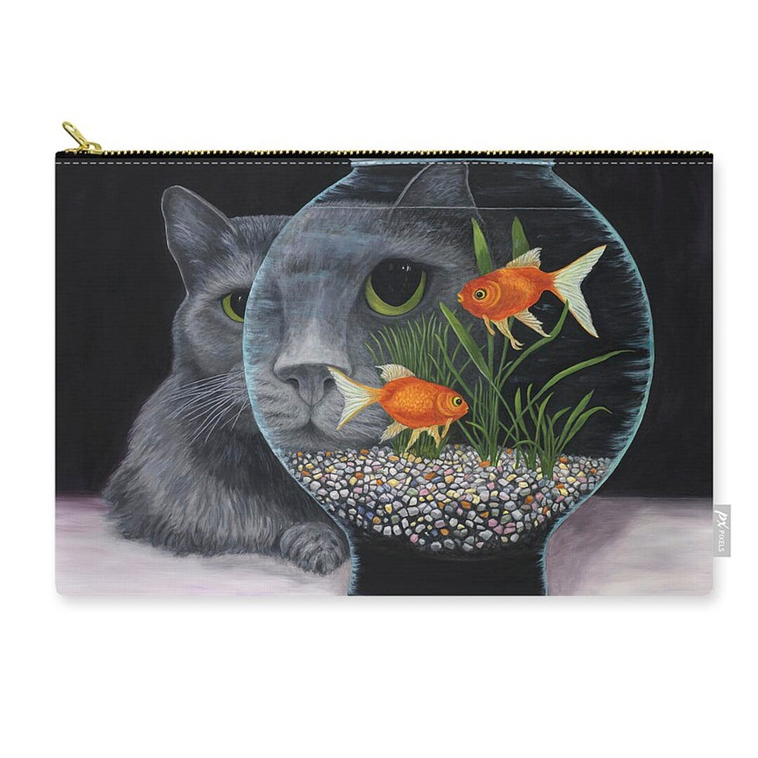 Gray Long Haired Cat Looking Into a Fishbowl Pouch. Round Glass Fish ...