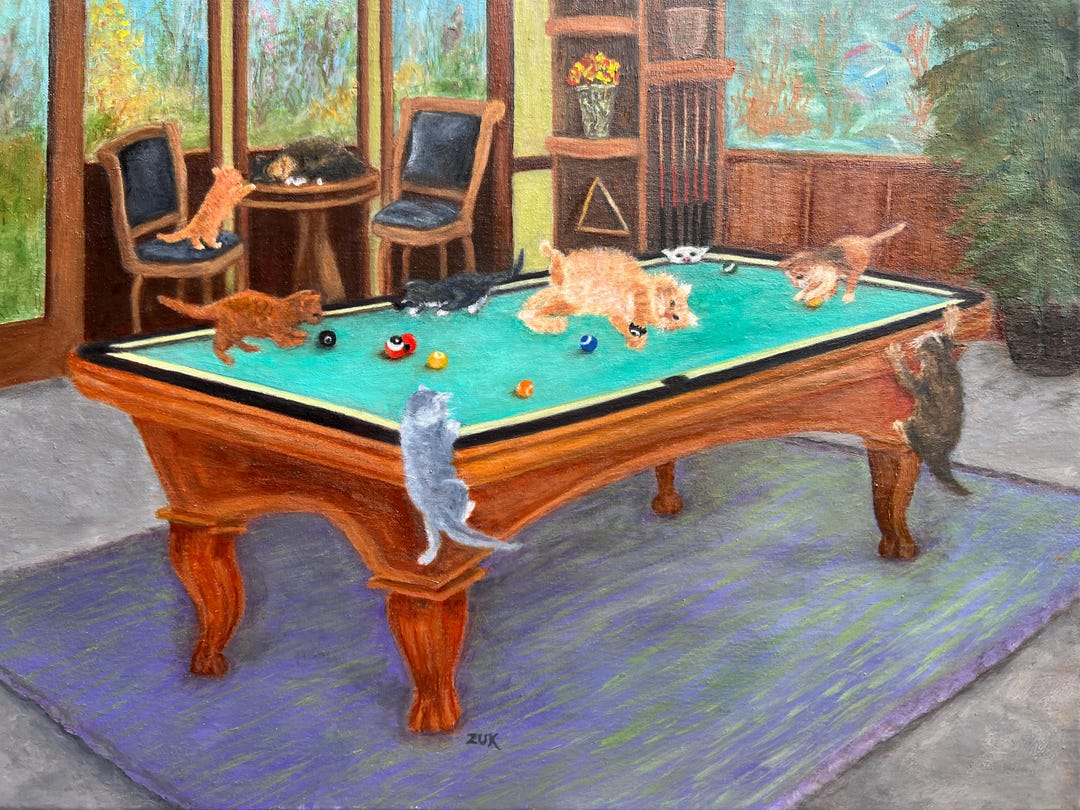 Cats Playing Pool Original Oil Painting on Stretched Canvas. Whimsical ...