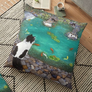 Cat and Koi Fish Designer Pillow, Cat Cushion, Colorful Pillow, Cat and ...