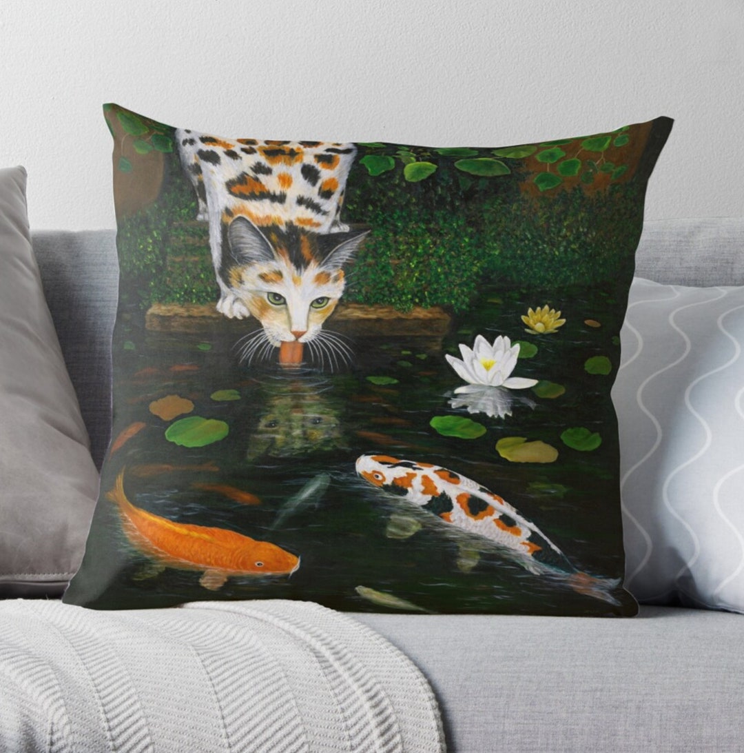 Calico Cat and Koi Fish Designer Pillow, Cat Cushion, Colorful Pillow ...